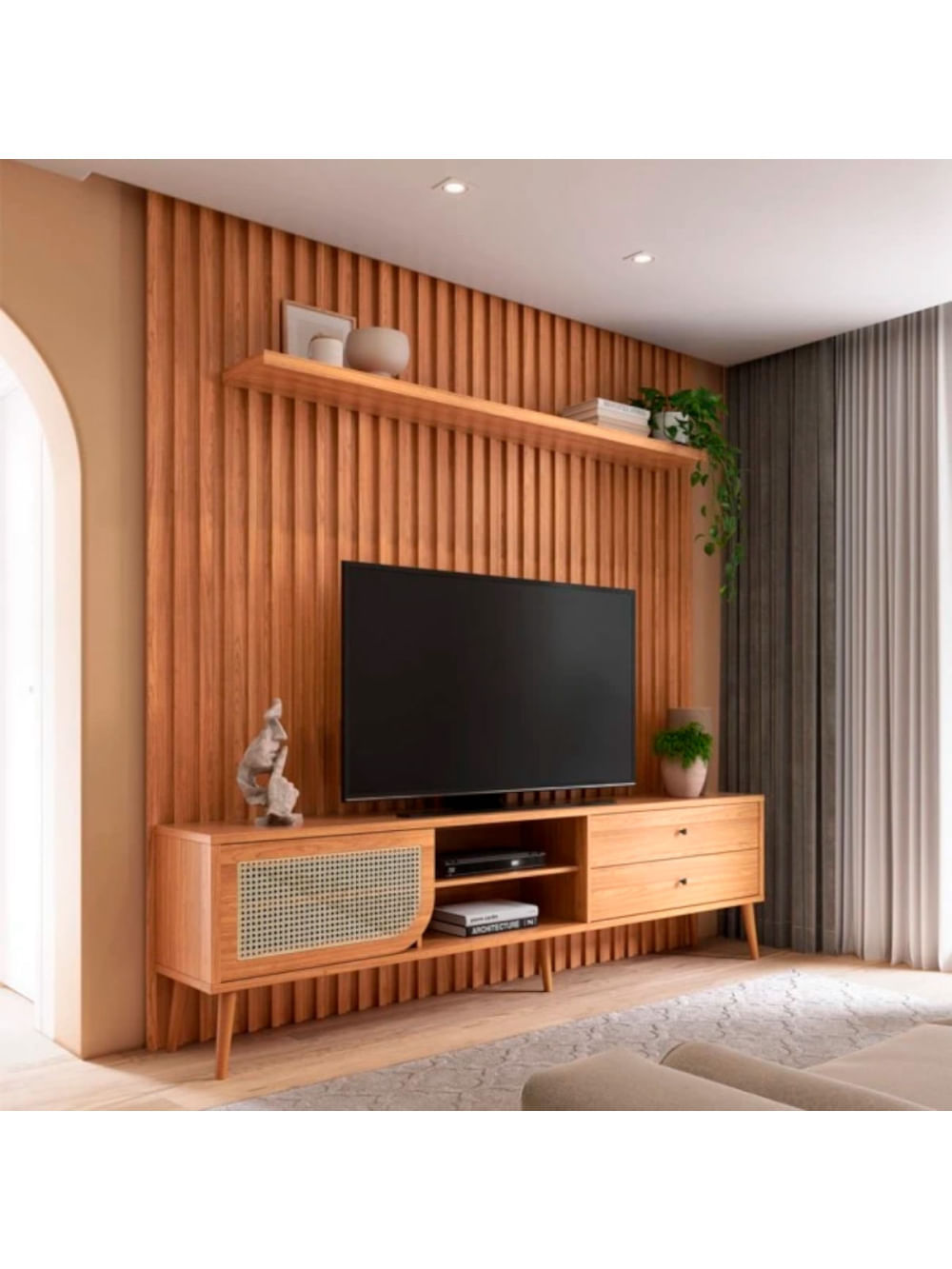 Rack com Painel para TV Até 75 Polegadas 2 Gavetas 1 Porta Ripado Freijó - Loja do Cooperado